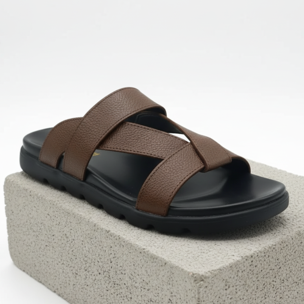Men’s Genuine Leather Cross Slippers 305 - Brown – Mova Shoes